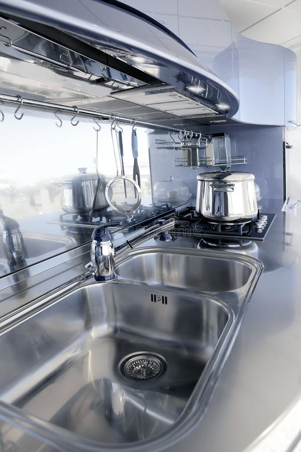 Blue Silver Kitchen Modern Architecture Decoration Stock Image - Image ...