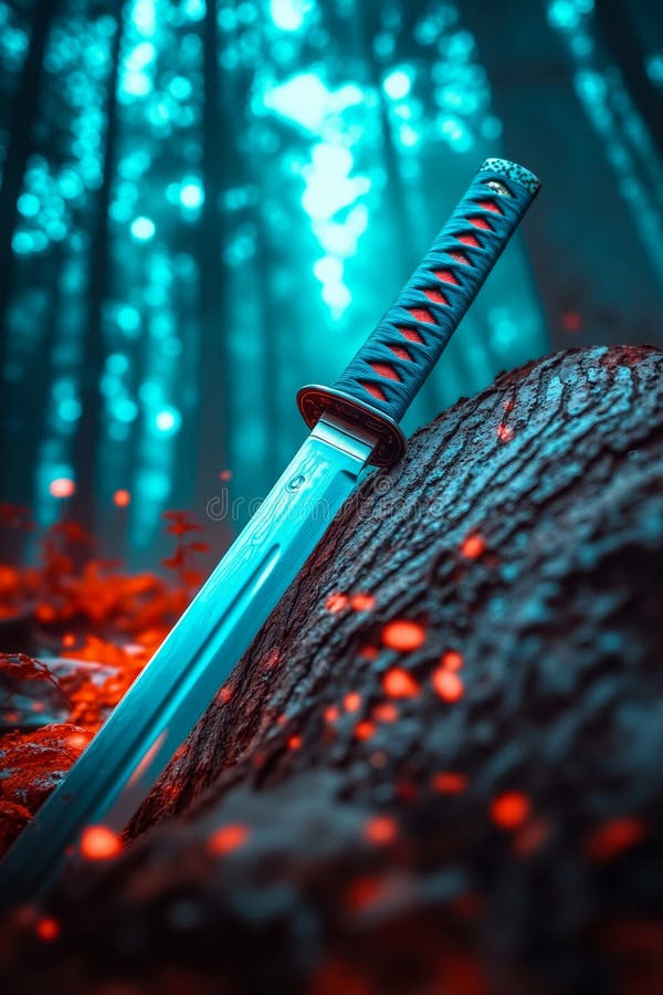 A Samurai Sword Sitting on Top of a Tree Stump in the Woods Stock ...