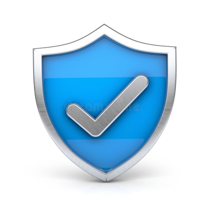 Blue and Silver Shield with Silver Check Mark on White Background. Blue ...