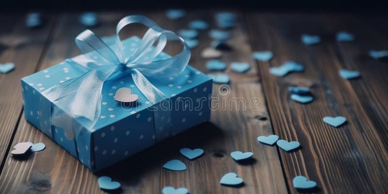 Blue Simple Gift Box on Wooden Table with Blue Hearts and Copy Space ...