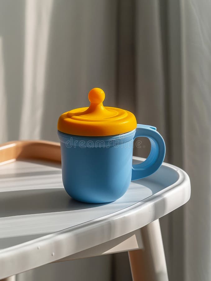 Blue Sippy Cup with Yellow Lid on a Table in Soft Daylight. Stock Photo ...