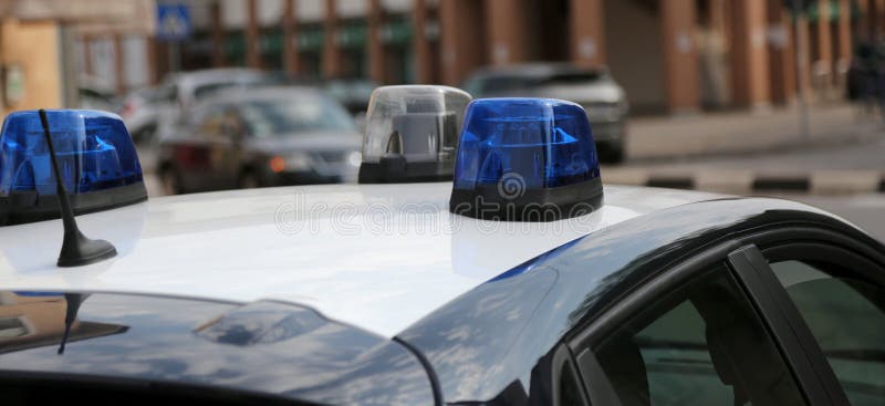 Blue Sirens of Police Car during a Control Checkpoint in the Cit Stock ...