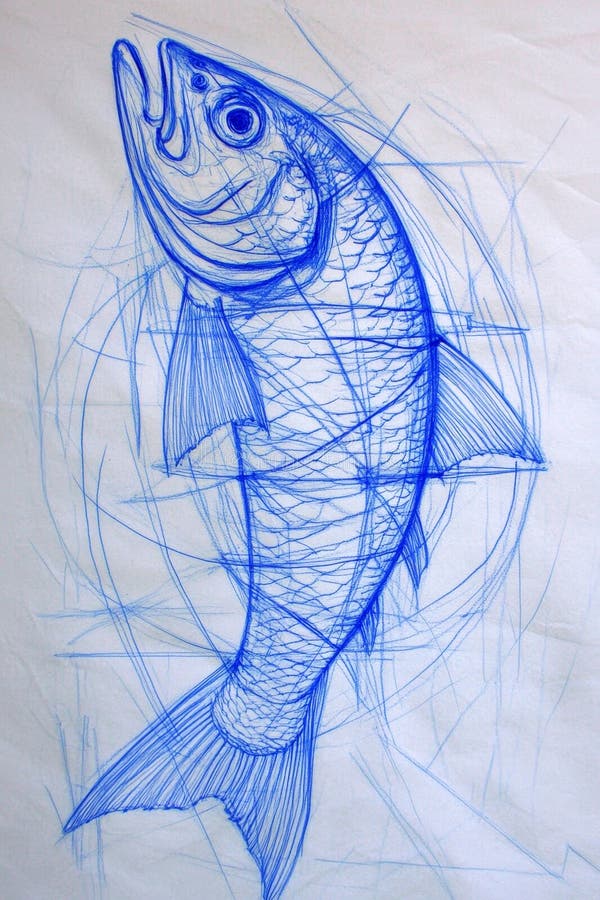 Blue Sketch of Fish with Geometric Lines on White Background. Stock ...