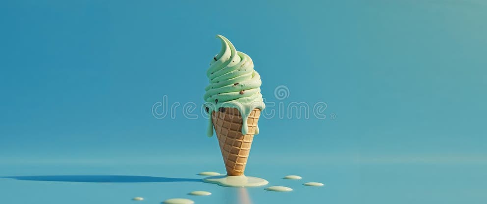 A Blue Sky Backdrop with a Mint Chocolate Chip Ice Cream Cone Melting ...