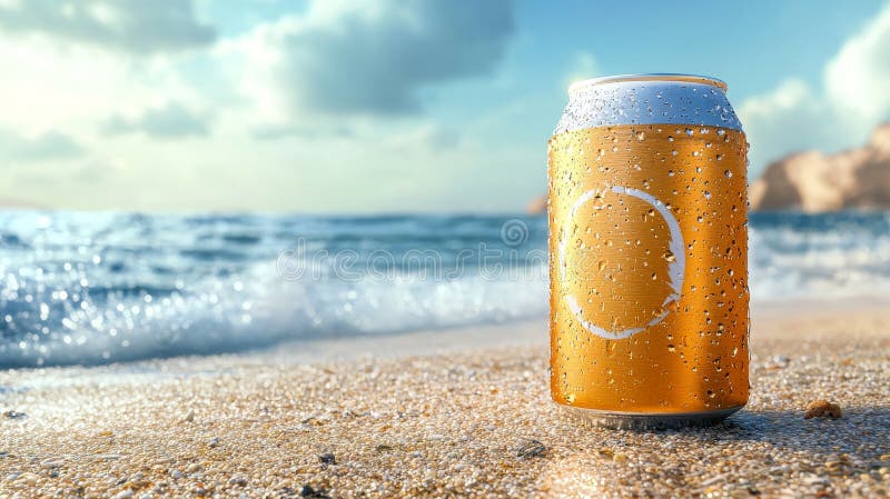 Blue Sky, Blue Beach, Tall Silver Beer Can on the Beach, Bottle on the ...