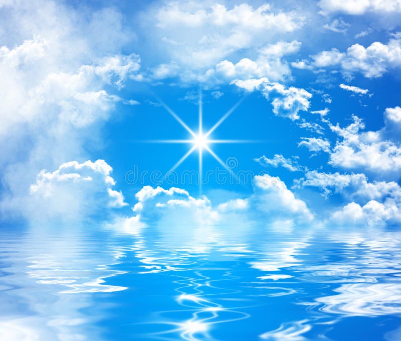 Blue Sky With Big Clouds And Shiny Sun Over Water Stock Illustration ...