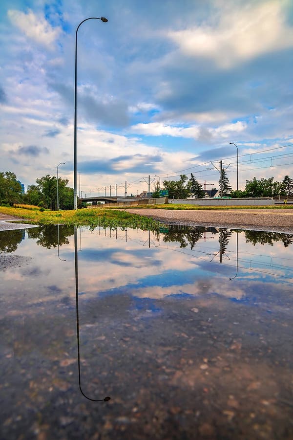 Blue Sky City Puddle Reflections Stock Image - Image of view, city ...