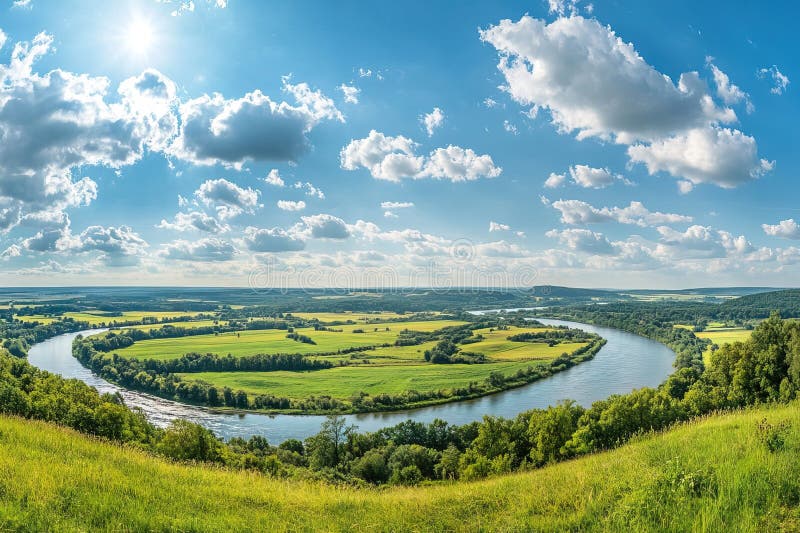 Blue Sky Clear Water River with Green Grass on Both Sides Horizontal ...