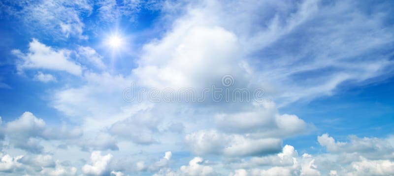 Blue Sky with Clouds and Bright Sun. Wide Photo Stock Image - Image of ...
