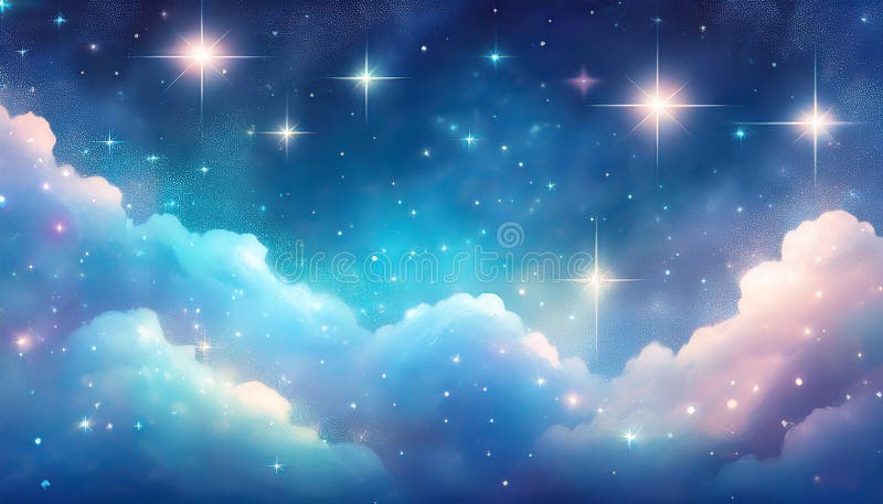 Blue Sky and Clouds, Magical Sparkle Glitter Stars Stock Illustration ...