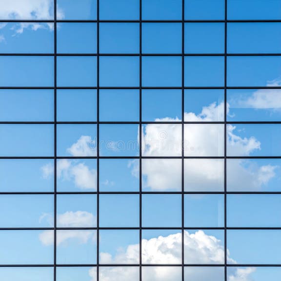 Blue Sky with Clouds Reflected in a Grid Pattern Window with Modern ...