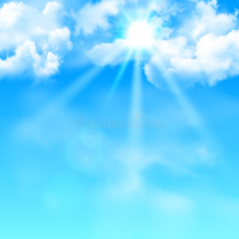 Blue Sky with Clouds, Sunbeam and Sun. Realistic Vector Background ...