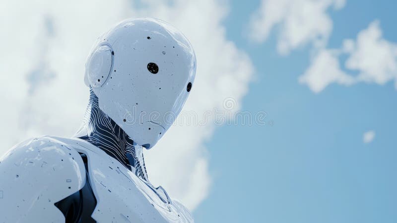 The Blue Sky is Complemented by a Robot with a Computer Brain. Stock ...