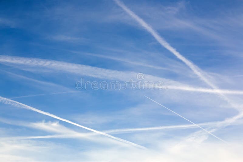 Blue Sky Contrail Clouds Background Stock Photo - Image of text ...