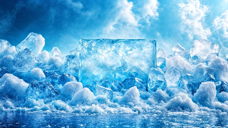 A Blue Sky with a Large Block of Ice in the Middle Snowy Winter Scene ...