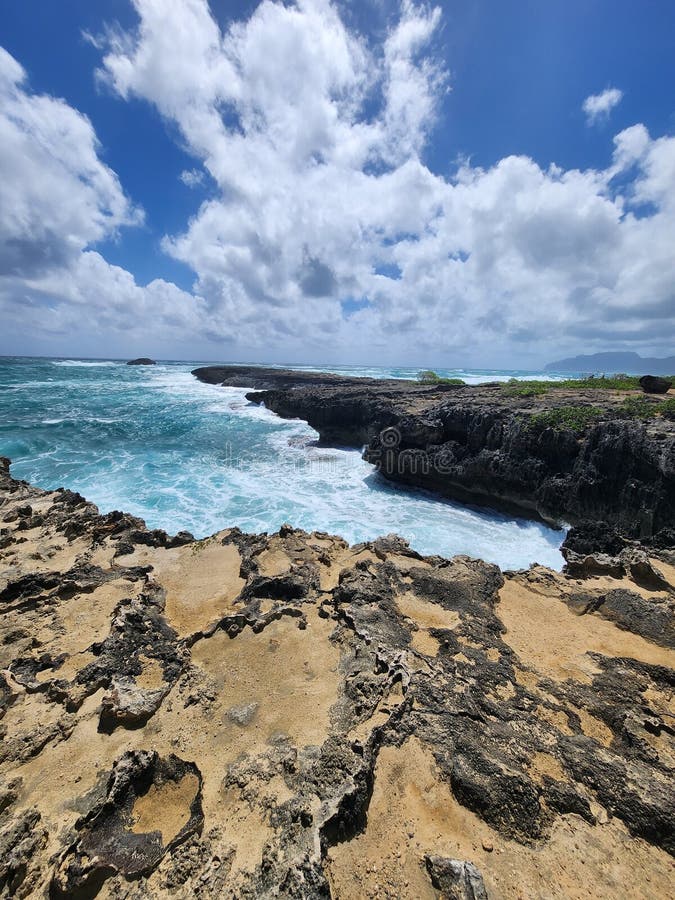 Blue Sky Over Ocean Cove with Rocks and Sand Stock Image - Image of ...