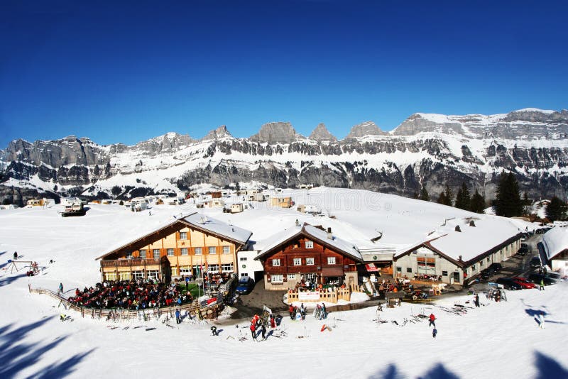 Blue Sky Over Swiss Resorts Stock Photo - Image of elevator, hills: 7341216