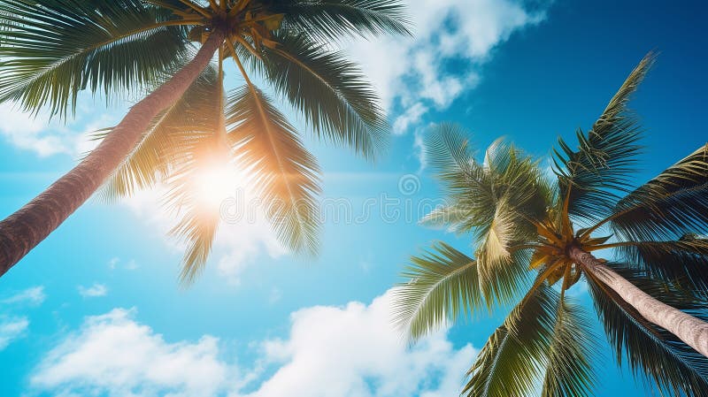 Blue Sky and Palm Trees View from Below Tropical Beach. Generative AI ...