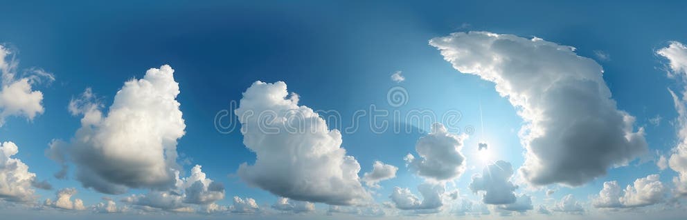 Blue Sky Panorama with Fluffy Cumulus Clouds, Zenith and Sunlight ...