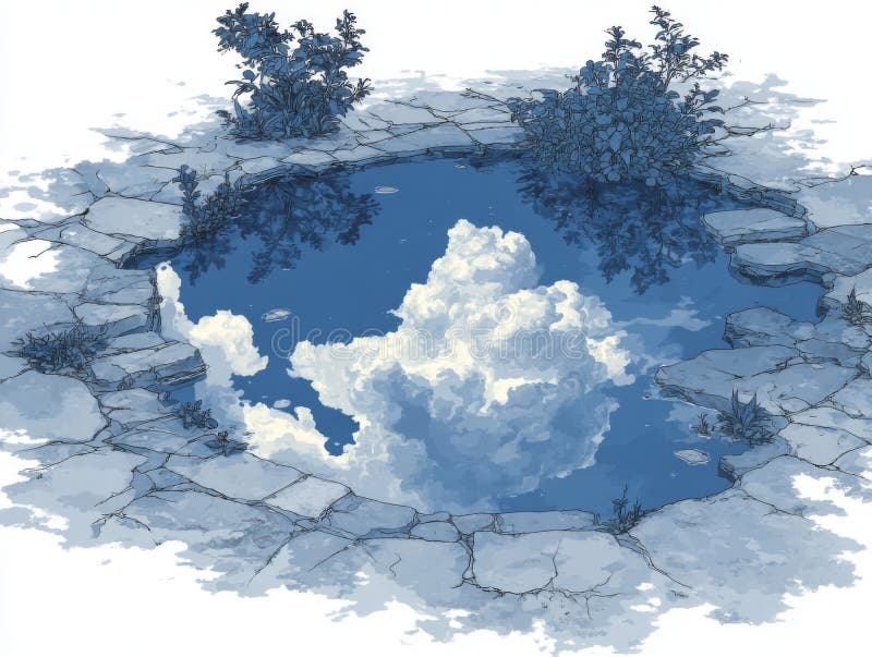 Blue Sky Reflection in Cracked Earth Puddle Stock Illustration ...