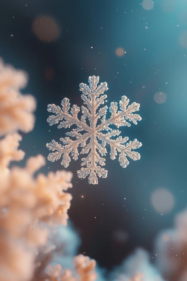 In a Blue Sky and Snowy Landscape, a Single Snowflake Falls from the ...