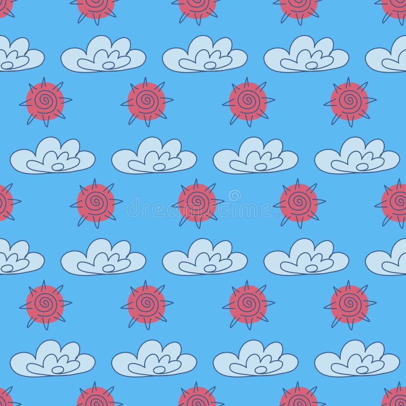 Blue Sky Sun Cloud Seamless Pattern, Weather Cute Textile Design and Decoration, Illustration ...