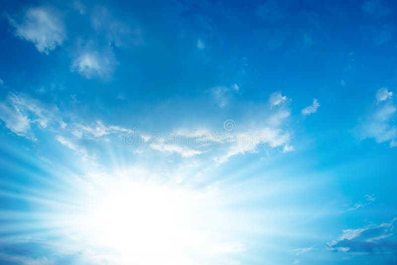 Blue Sky with Sun, Sunbeams and Fragmented Clouds. Stock Photo - Image ...