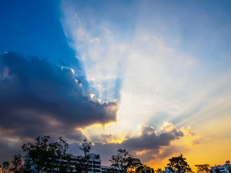 Blue Sky at Sunset with the Cloud and Sunray Stock Image - Image of ...