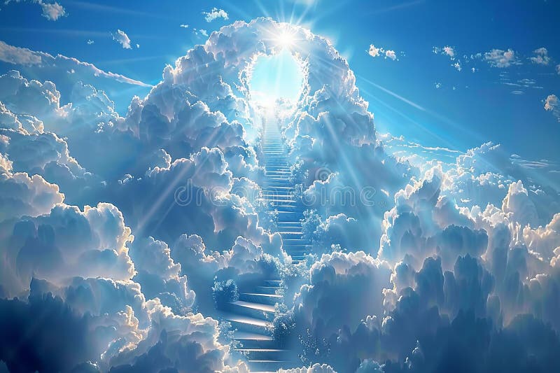 In the Blue Sky, There is an Opening in White Clouds with Stairs ...