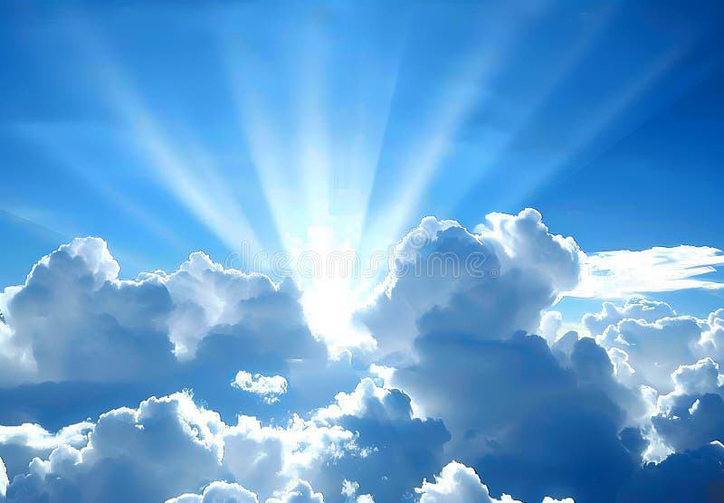 Heavenly Blue Sky with Sun Rays through Clouds Stock Illustration ...