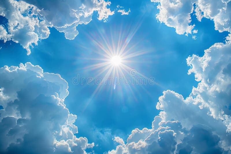 Blue Sky with White Clouds and Sun Rays Shining through, Heaven ...