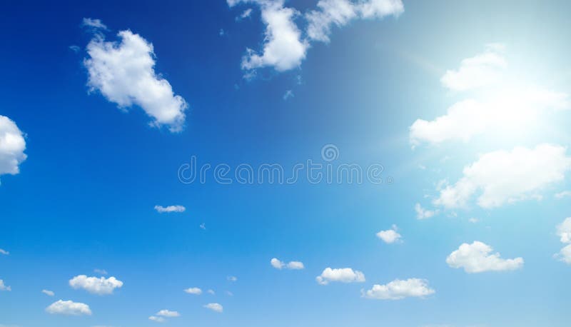 Blue Sky with White Clouds and Sun. Wide Photo Stock Photo - Image of ...