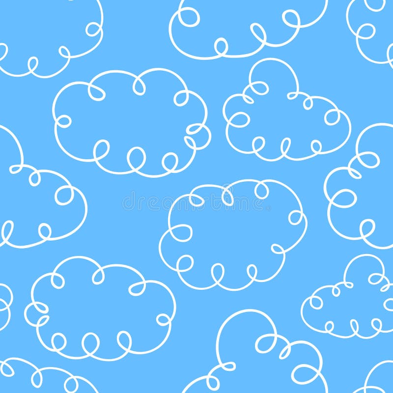 Blue Sky with White Curly Swirl Clouds. Hand Drawn Seamless Pattern ...