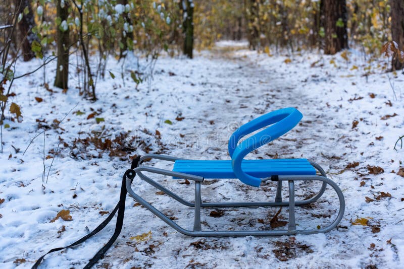 Blue Sled Left on a Snow-covered Path in the Forest. Stock Image ...