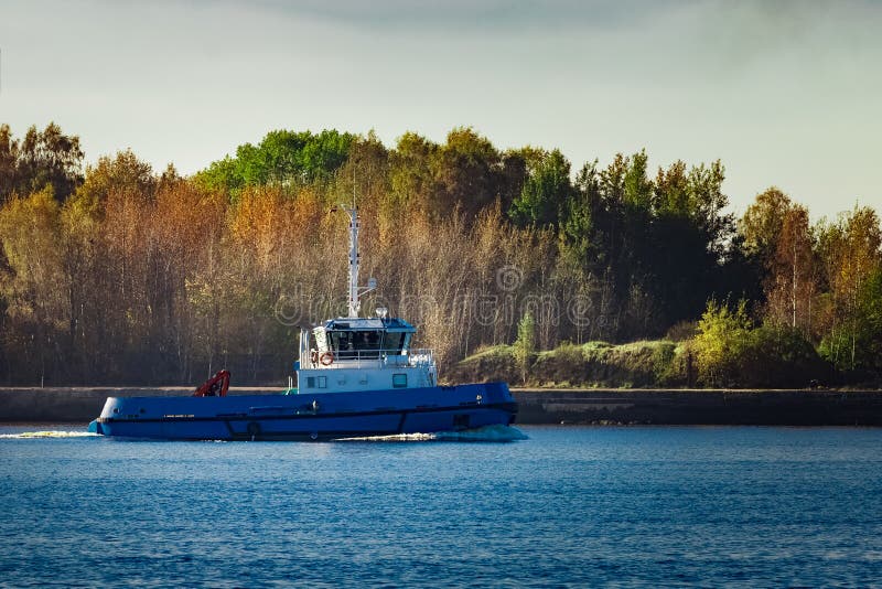 Blue small tug ship stock image. Image of outdoors, ocean - 88608493