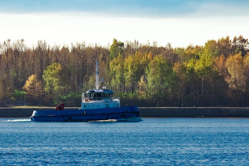 Blue small tug ship stock image. Image of ocean, small - 88609793