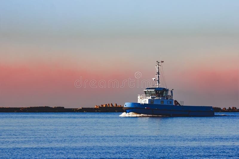 Blue small tug ship stock photo. Image of breakwater - 88240982