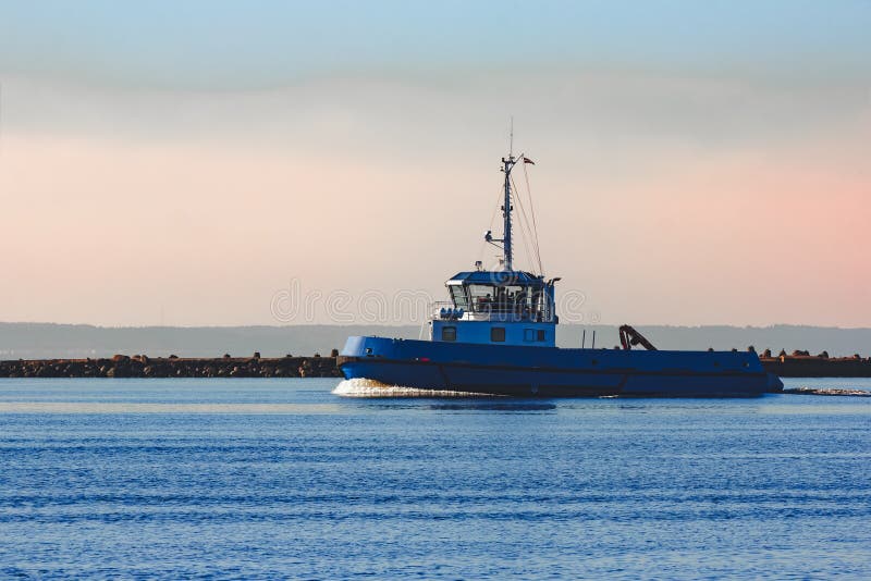 Blue small tug ship stock image. Image of towboat, engine - 88241223
