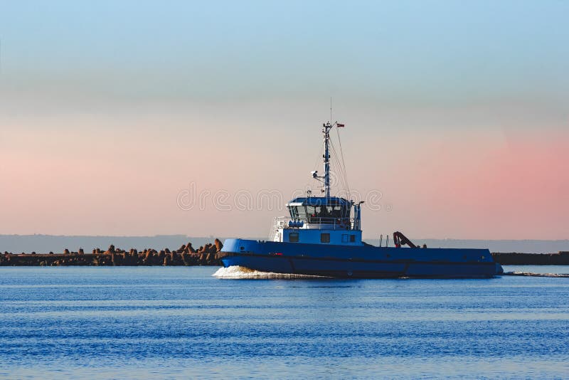 Blue small tug ship stock photo. Image of nautical, moving - 88241566