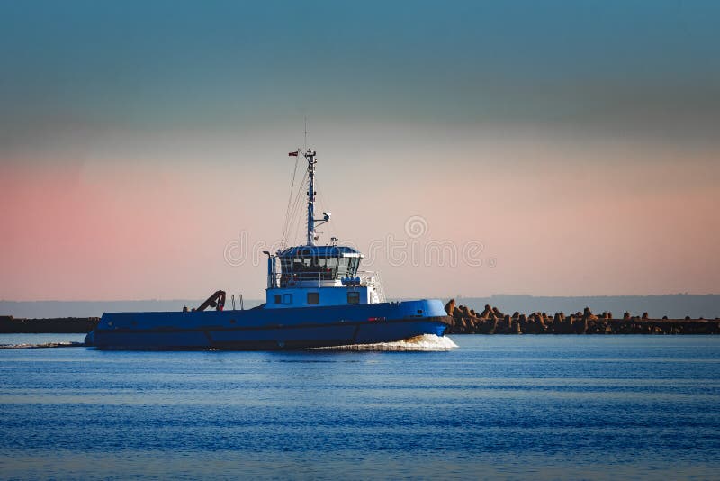 Blue small tug ship stock photo. Image of outdoors, breakwater - 88475266