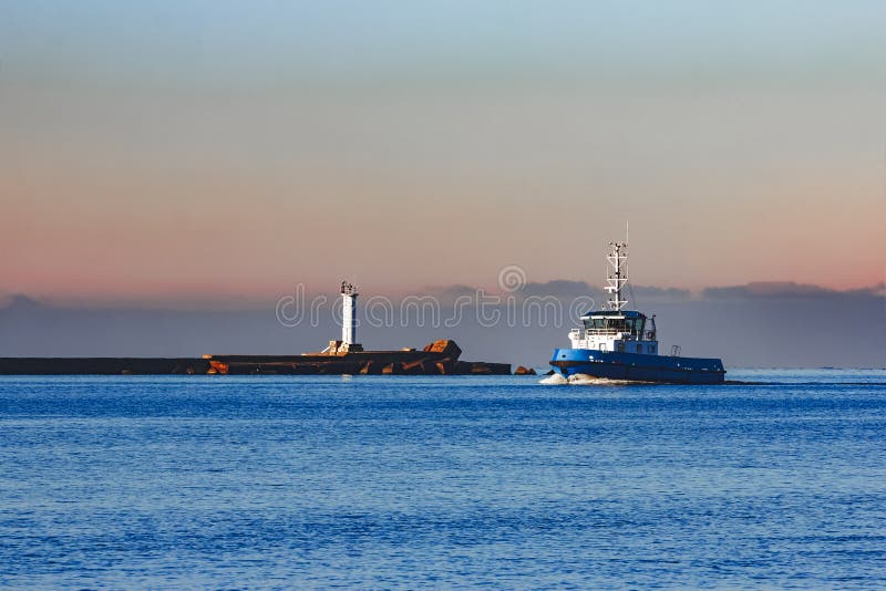 Blue small tug ship stock image. Image of piloting, morning - 88608227