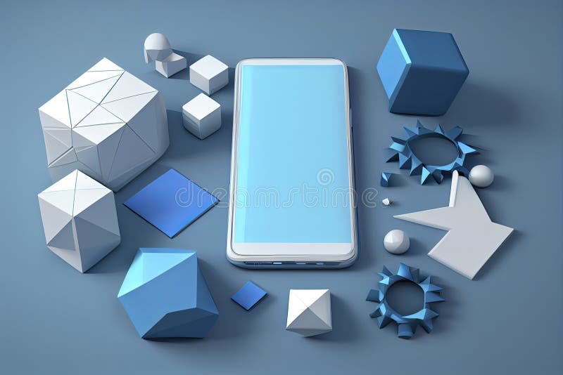 Blue Smartphone with White Screen Surrounded by Geometrical Shapes 3d ...