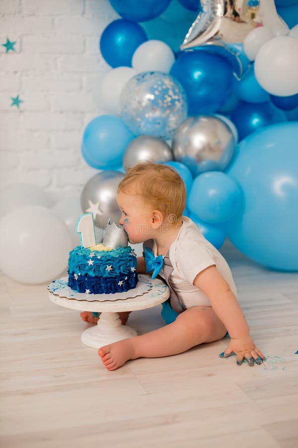 Blue Smash Cake for Boy Birthday Stock Photo - Image of baby, studio ...