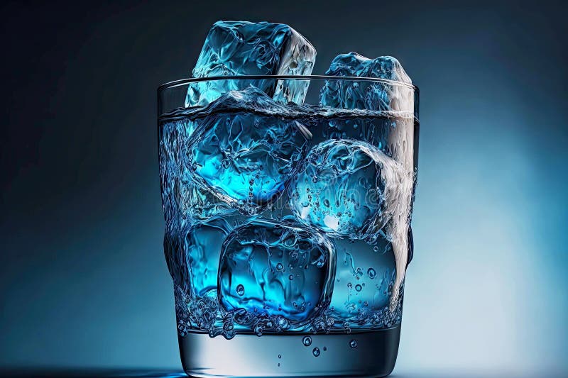 Blue Smooth Ice Cubes Fall into Liquid Poured into Transparent Glass ...