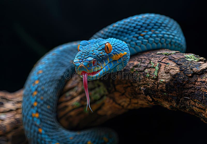Blue Snake Coiled on Branch, Macro Photography Stock Illustration ...