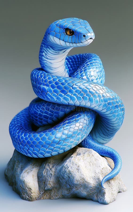 Elegant Blue Snake Coiled on a Stone with a Dramatic Natural Background ...