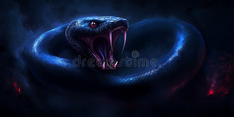 A Menacing Blue Snake Coiled with Its Mouth Open Showing Fangs in a ...