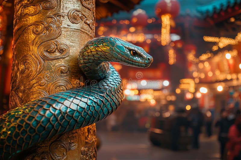 A Blue Snake is Curled Up on a Gold Colored Pole Picture Stock Photo ...