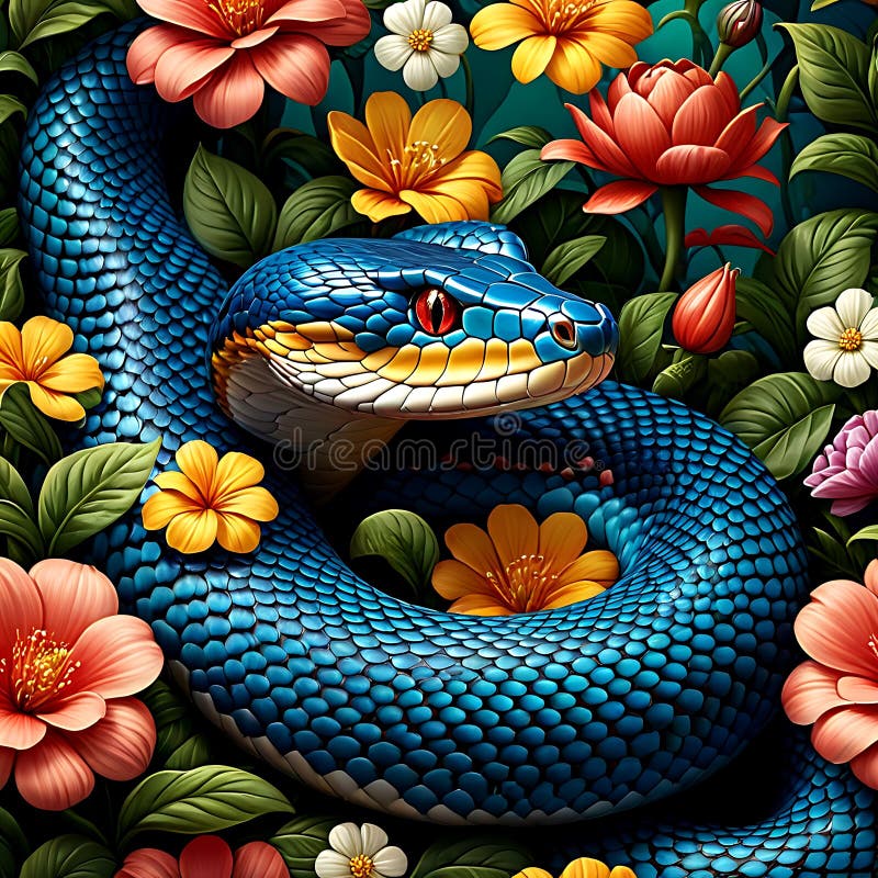 Blue Snake in Flowers. stock illustration. Illustration of white ...