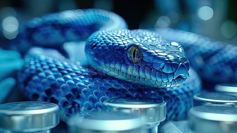A Blue Snake is Laying on a Surface with a Few Silver Objects Stock ...